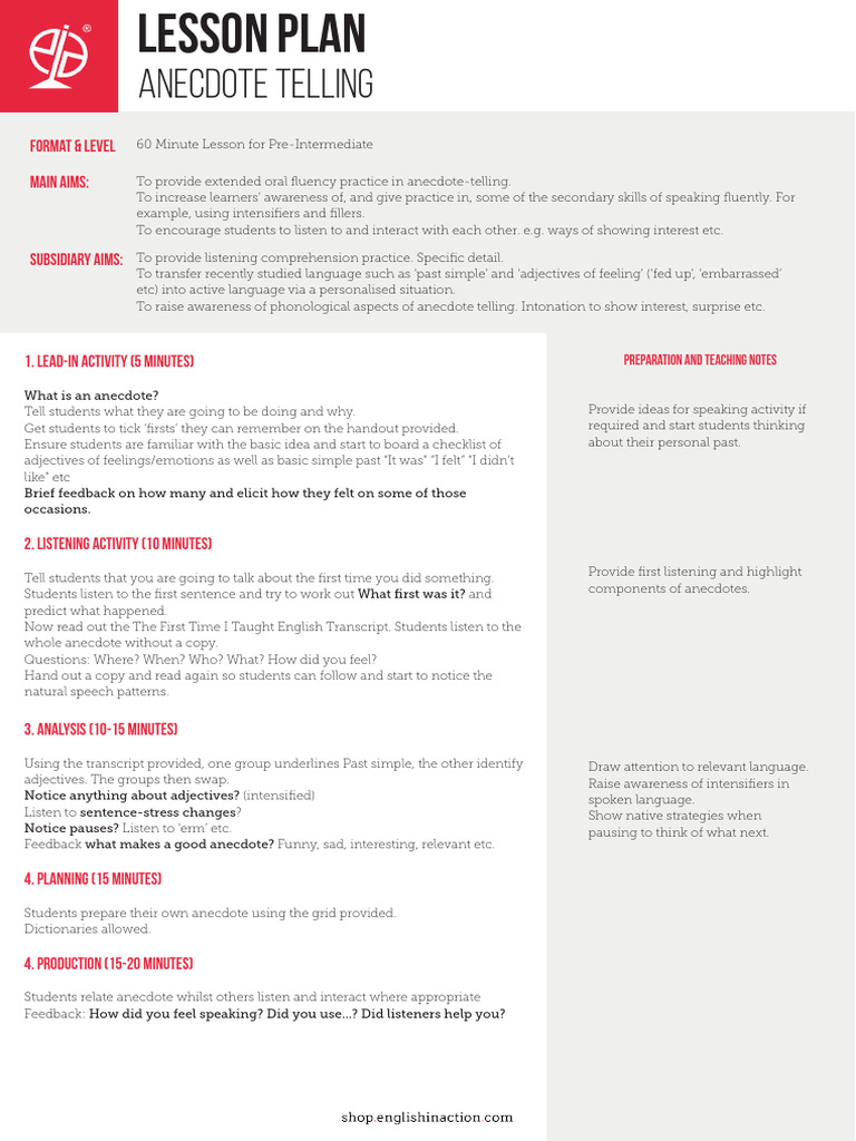 Anecdote Telling Lesson Plan | PDF | Human Communication | Learning