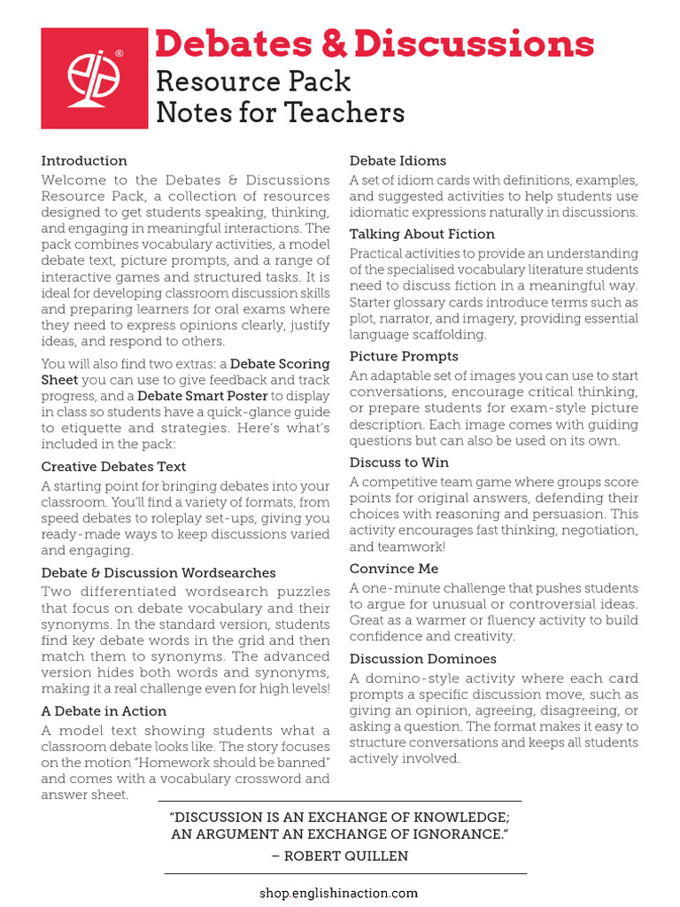 Debates and Discussions Resource Pack - EiA Shop | PDF | Homework
