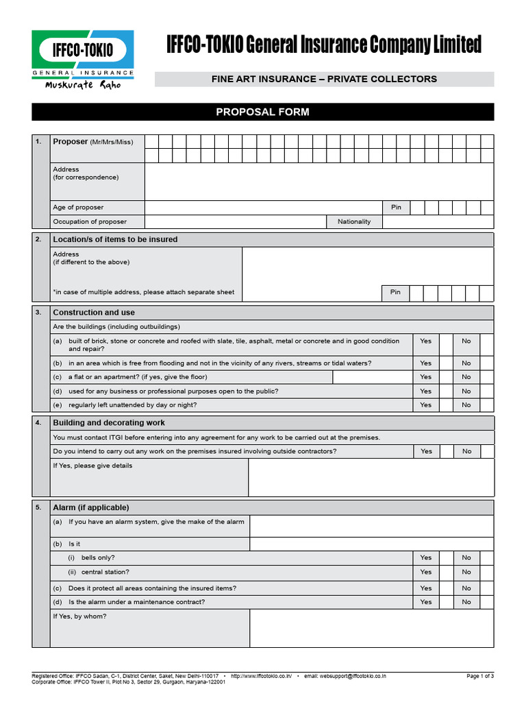 Fine Art Insurance Proposal Form | PDF | Insurance | Underwriting