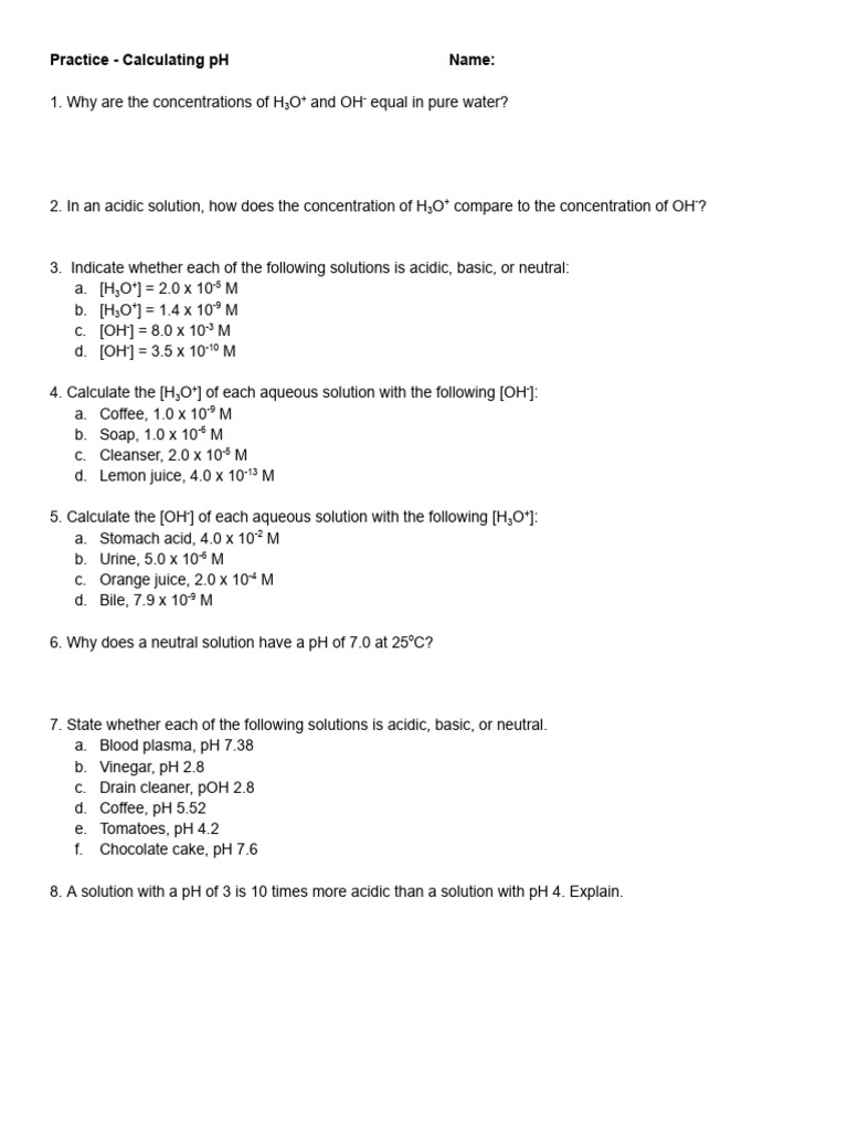 pH Calculation Practice Worksheet | PDF