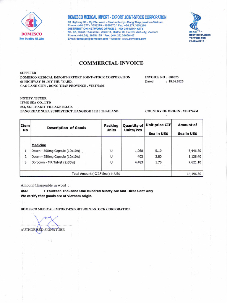 Domesco Commercial Invoice 080625 | PDF
