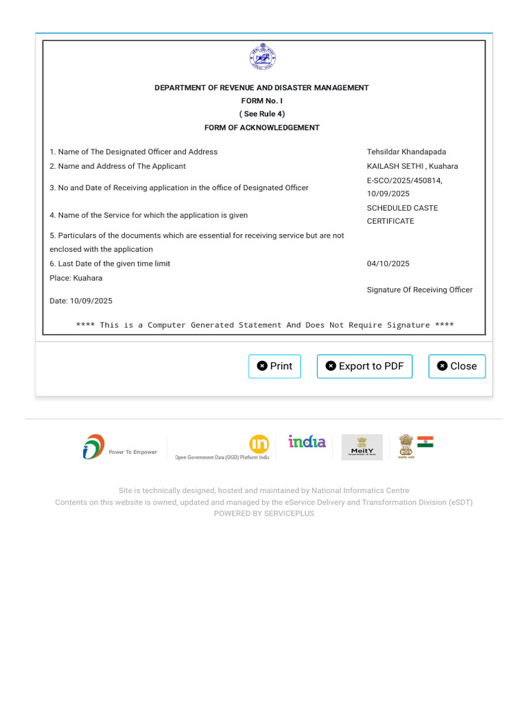 Scheduled Caste Certificate Acknowledgement | PDF