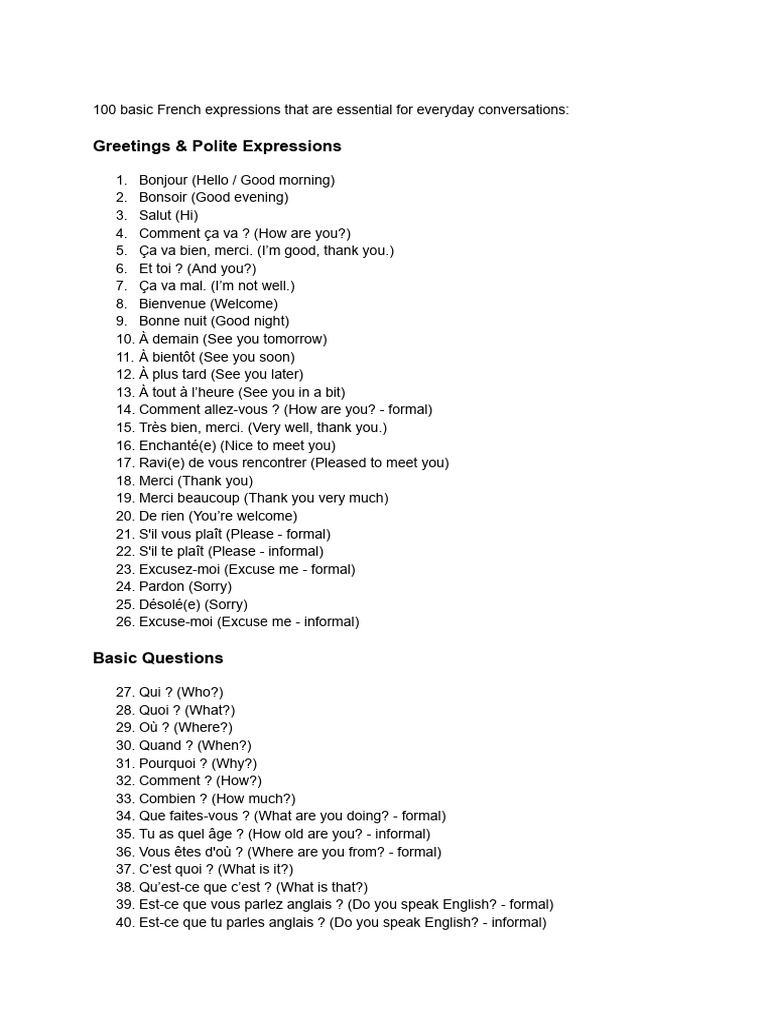 100 Expressions Françaises Essentielles | PDF