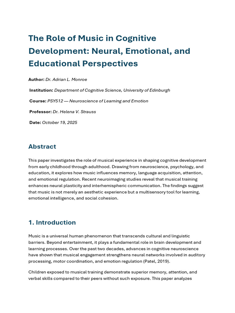 The Role of Music in Cognitive Development Neural, Emotional, and Educational Perspectives | PDF ...