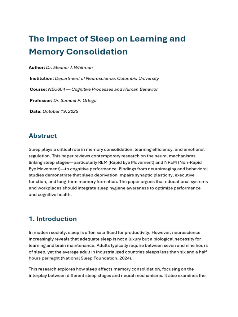 The Impact of Sleep On Learning and Memory Consolidation | PDF | Sleep ...