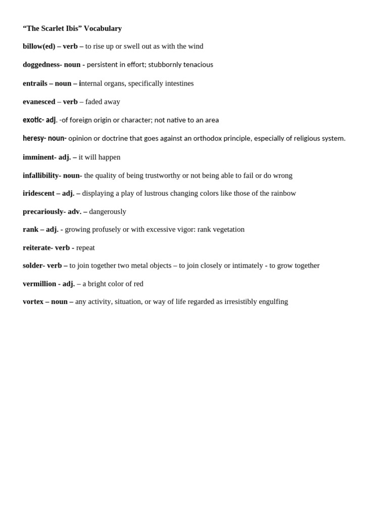 Scarlet Ibis Vocabulary Guide | PDF