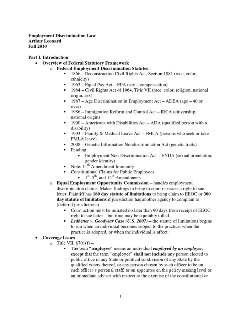 Employment Discrimination Law Outline Pdf Disparate Treatment