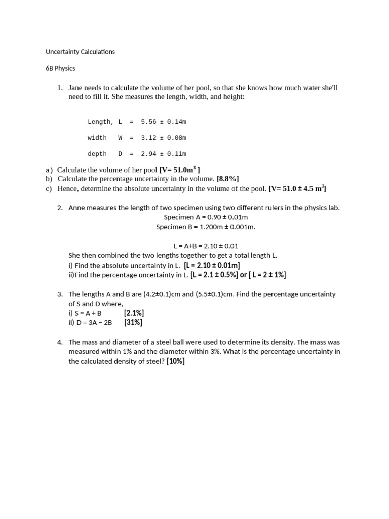 6b Uncertainties Worksheet | PDF | Volume | Density