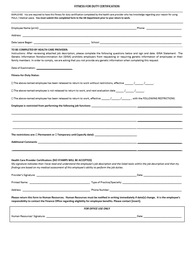 FMLA Fitness for Duty Certification Form | PDF | Employment | Human ...