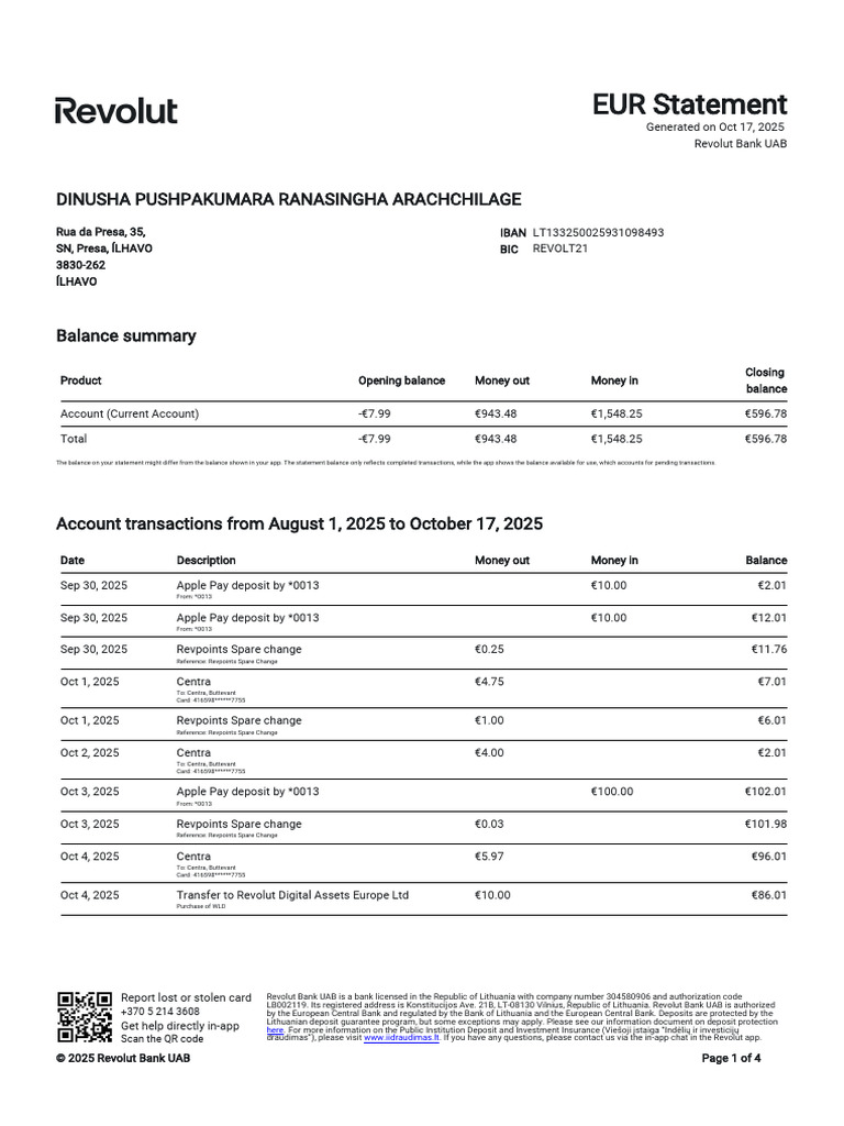 Revolut Bank EUR Statement Summary | PDF | Banks | Lithuania
