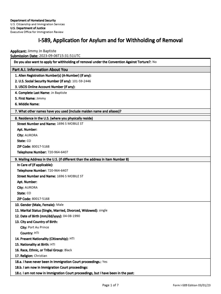 I-589 Asylum Application for Jimmy Jn Baptiste | PDF | Asylum In The ...