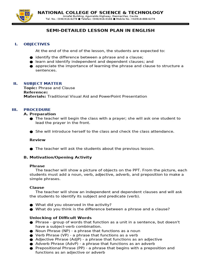 Phrase and Clause-Lesson Plan | PDF | Phrase | Clause