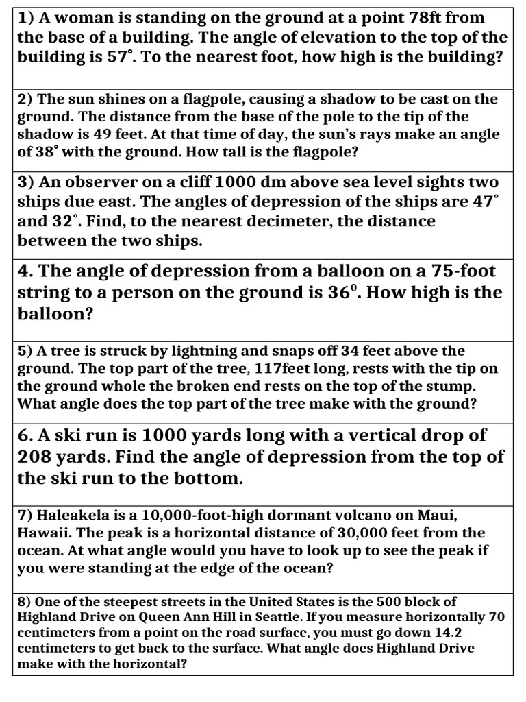 Angle of Elevation and Depression Quiz | PDF | Foot (Unit) | Surveying