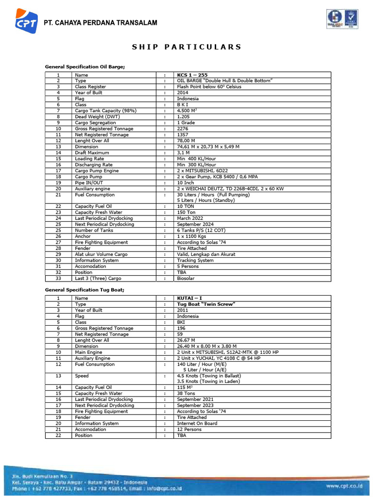 Ship Particular TB Kutai I - OB KCS 1255 | PDF | Tonnage | Ships