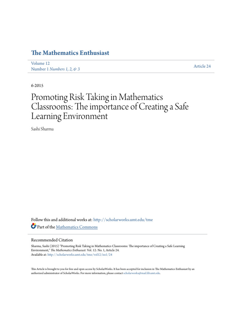 Promoting Risk Taking in Mathematics Classrooms - The Importance o PDF ...