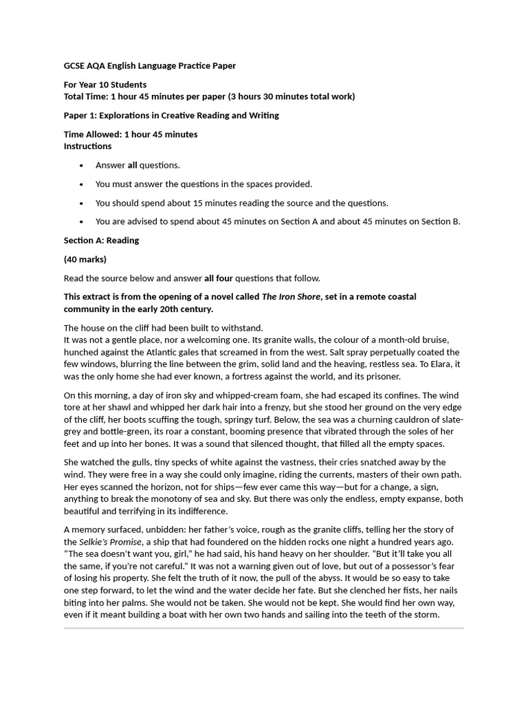 GCSE AQA English Language Practice Paper | PDF | Empathy | Metaphor