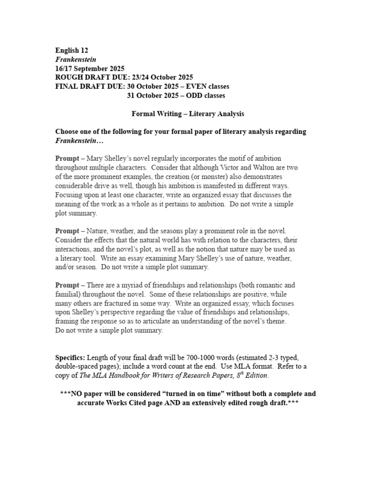 Literary Analysis Prompts for Frankenstein | PDF | Frankenstein | Essays