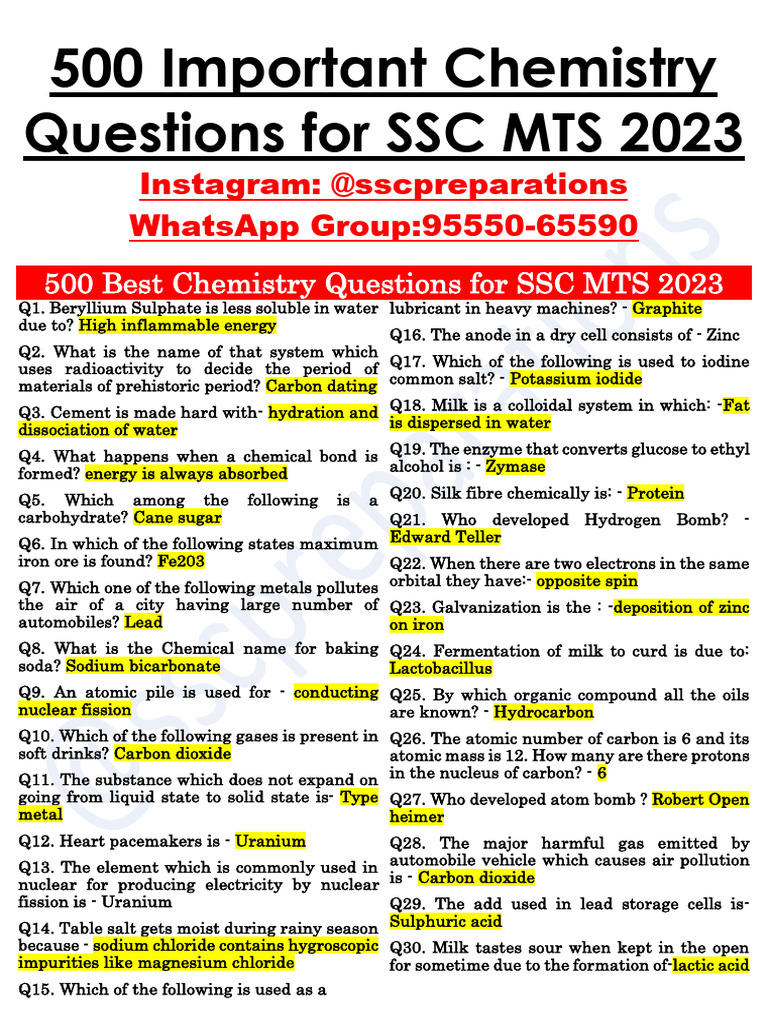 500 Most Important Chemistry Questions For SSC MTS 2023 | PDF ...
