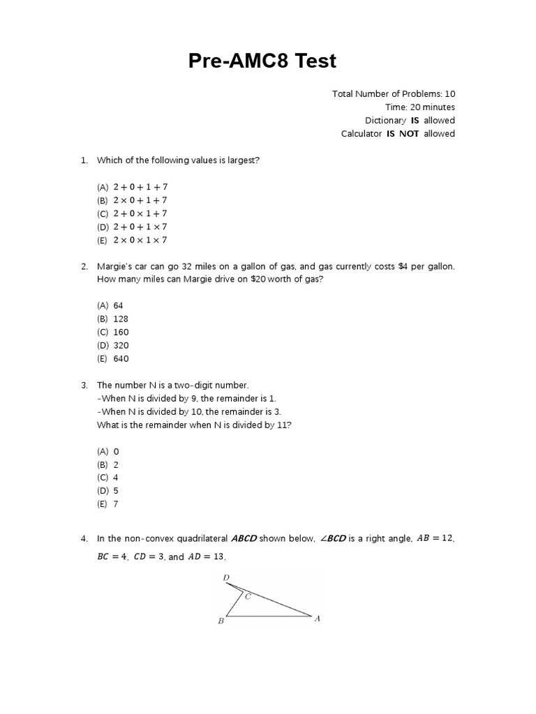 Pre Amc8 Math Test Problems Pdf