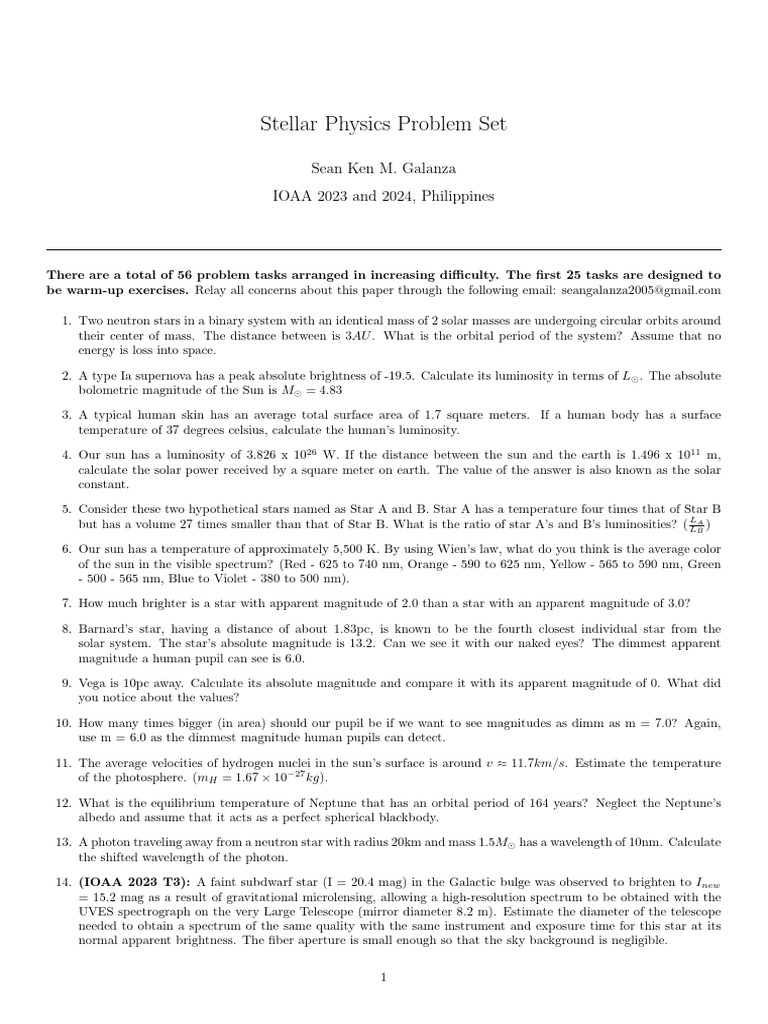Stellar Physics Problem Set | PDF | Stars | Apparent Magnitude