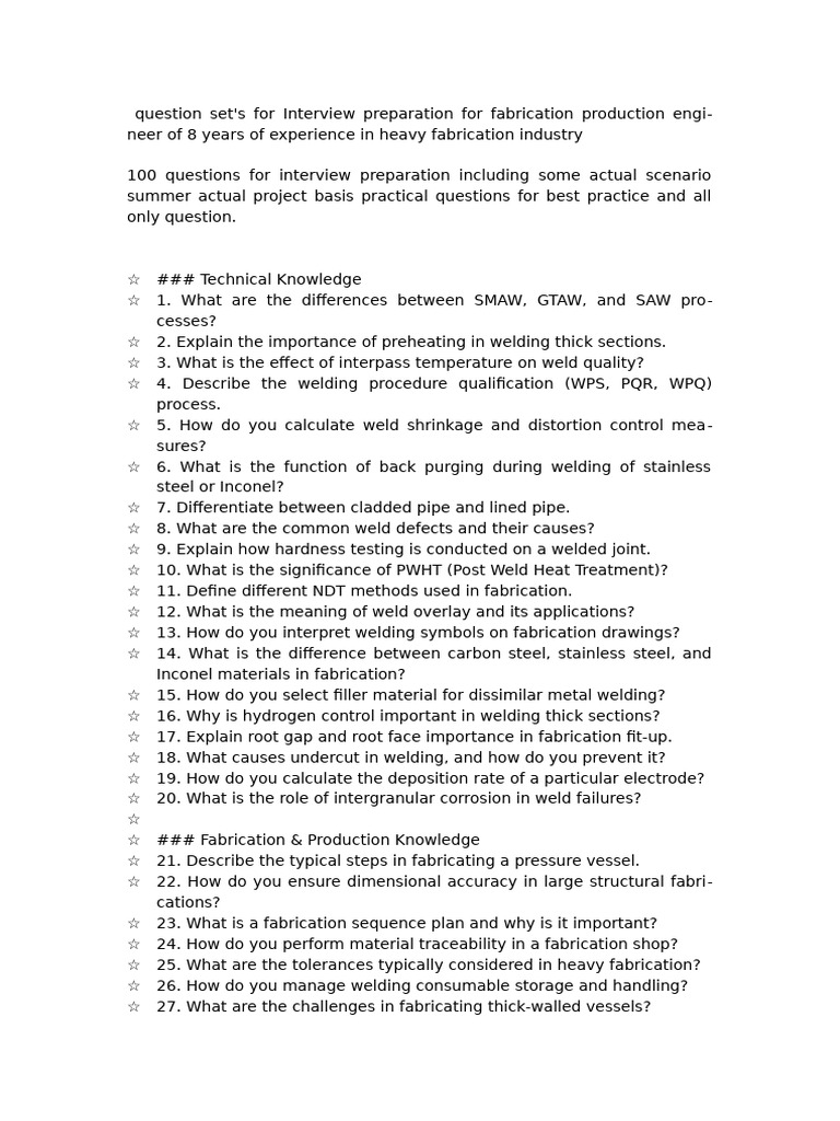 100 Interview Questions for Fabrication Engineers | PDF | Welding ...