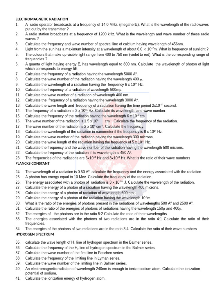 Atomic Structure Work Sheet-Spectra Numericals | PDF | Emission ...