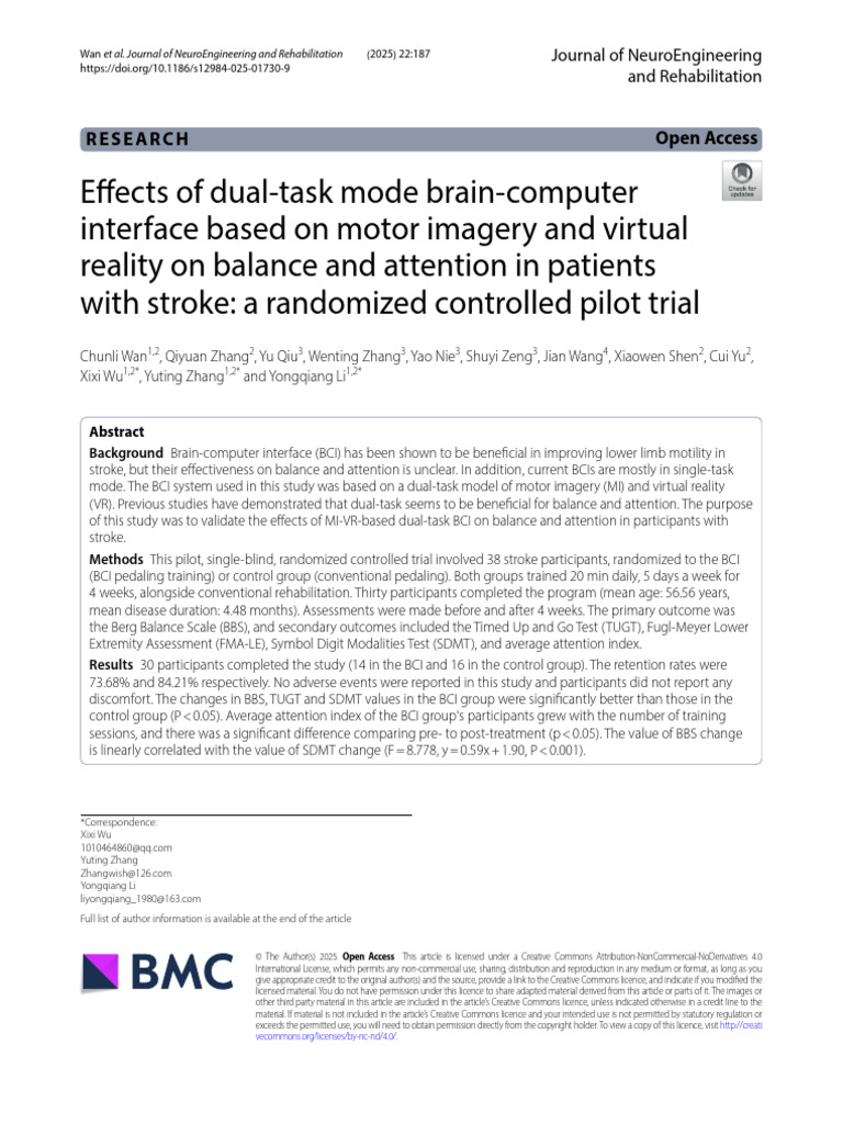 BCI Dual-Task Training for Stroke Recovery | PDF | Stroke | Statistics
