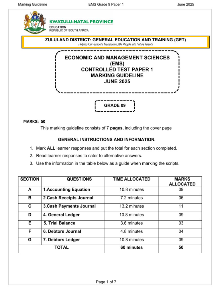 EMS Grade 9 Paper 1 Marking Guide | PDF | Equity (Finance) | Debits And ...