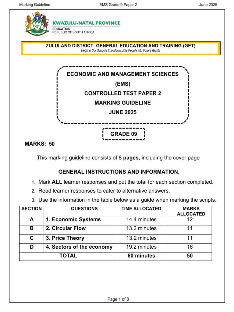 Final 2025 EMS Grade 9 Marking Guideline Paper 2-Mid Year Controlled ...