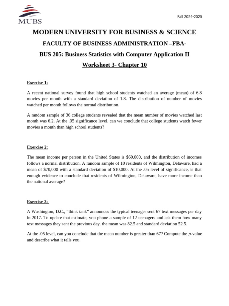 Chapter 10 - One Sample Tests of Hypothesis - Worksheet 1 | PDF ...