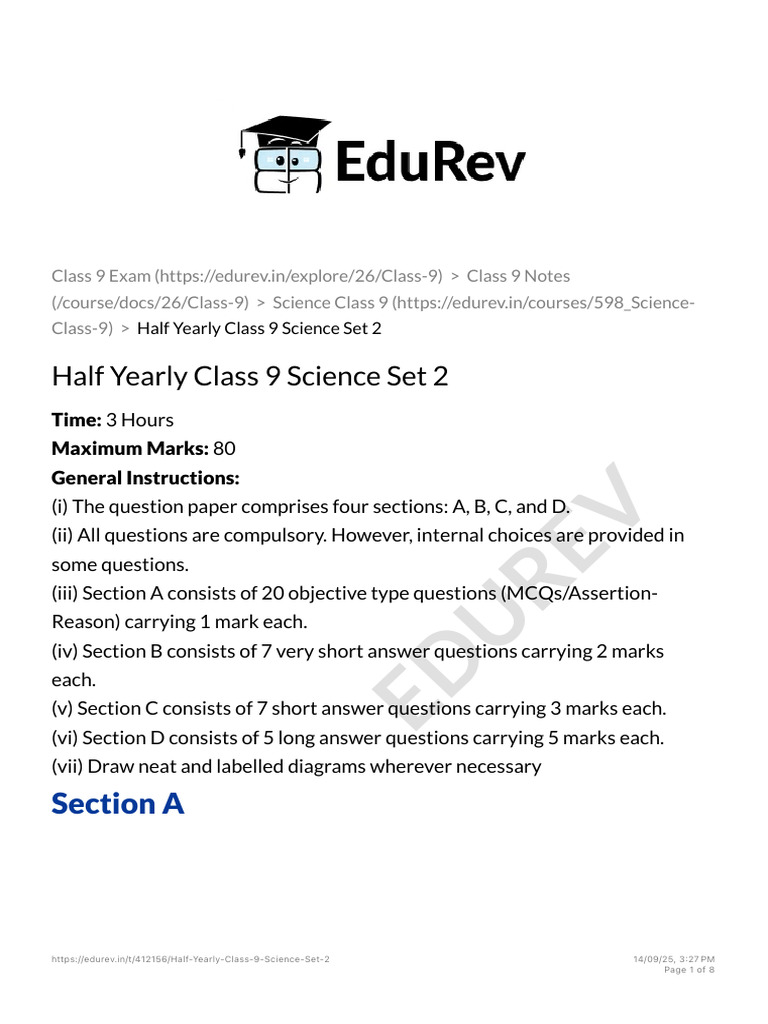 Half Yearly Class 9 Science Set 2 - Science Class 9 PDF Download | PDF ...