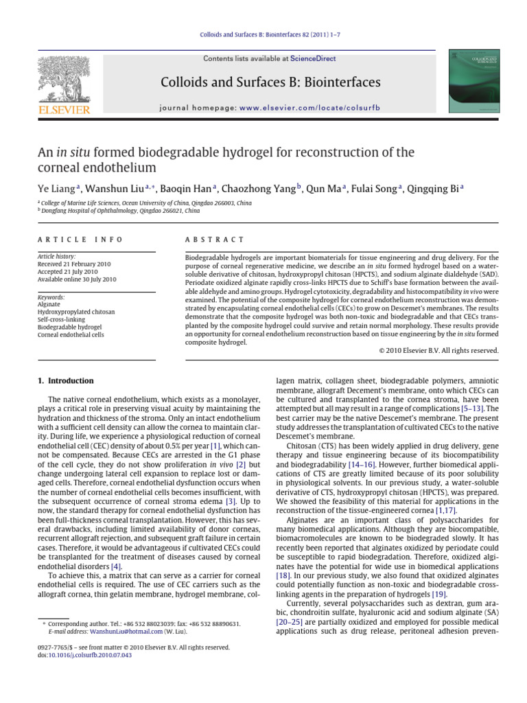 An in Situ Formed Biodegradable Hydrogel For Reconstruction of The ...