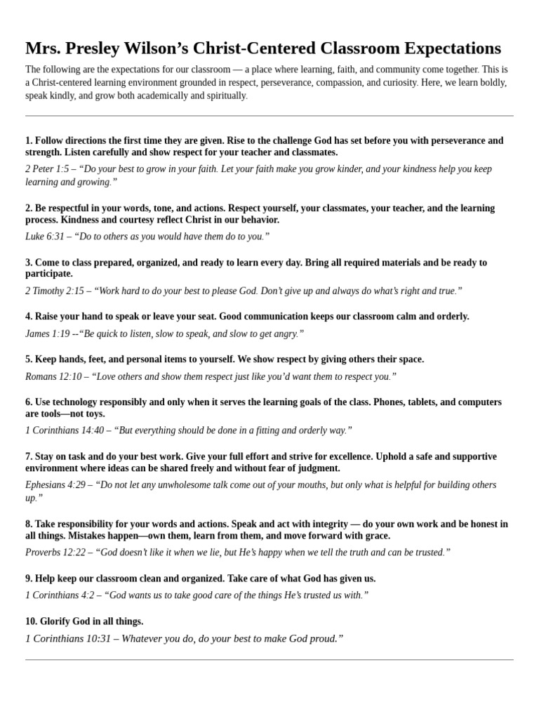 5th and 6th Grade Christ-Centered Classroom Rules | PDF