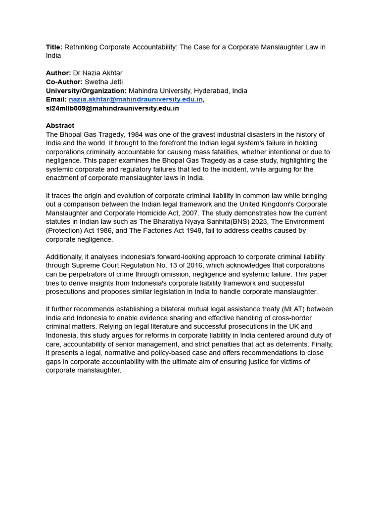Corporate Manslaughter Law in India | PDF