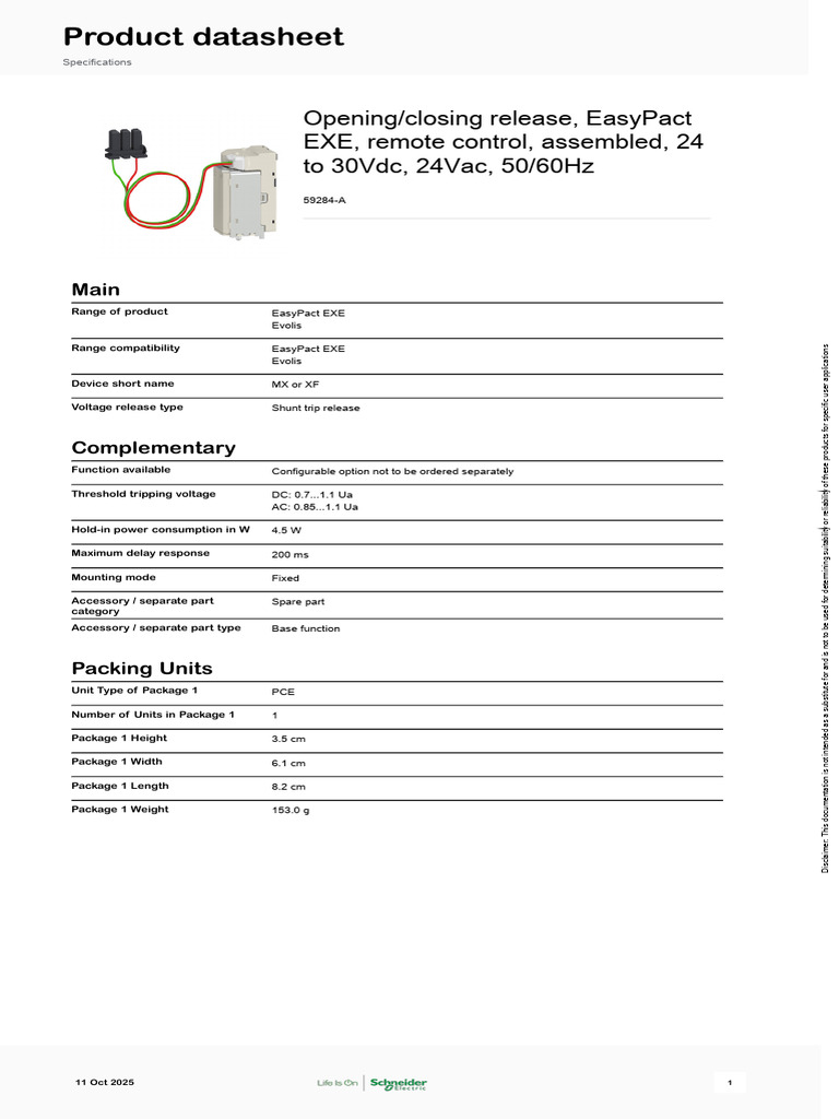 EasyPact EXE Shunt Trip Release Specs | PDF | Electronics | Electric Power