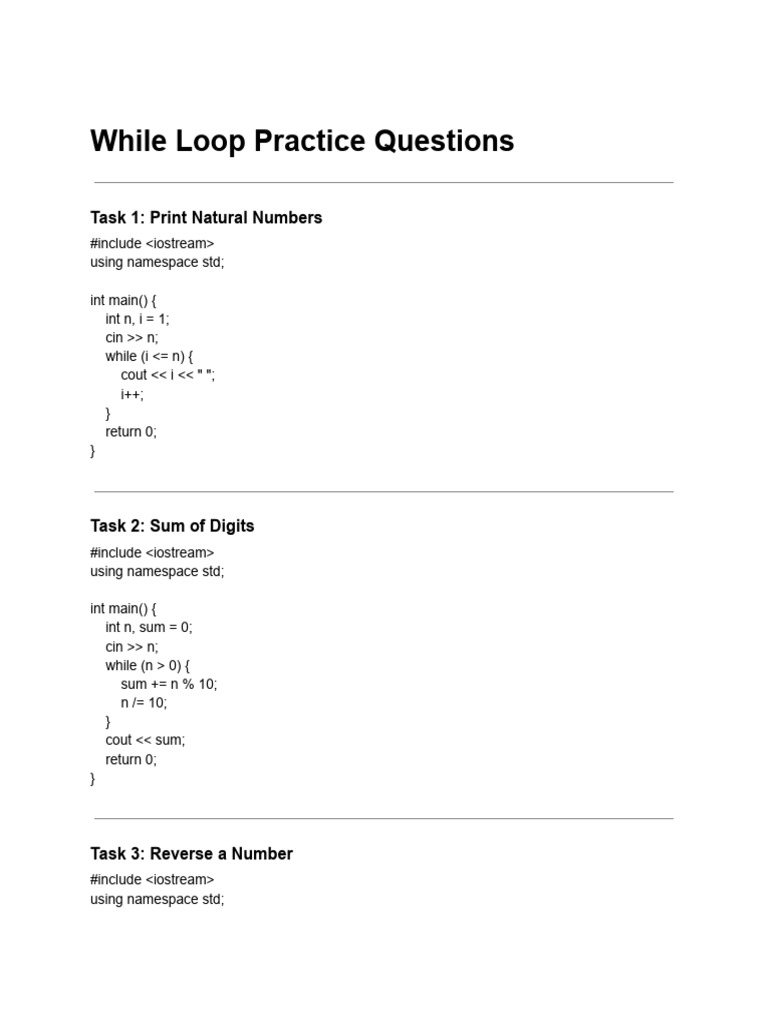 While Loop Practice Questions | PDF | Namespace | Computer Programming