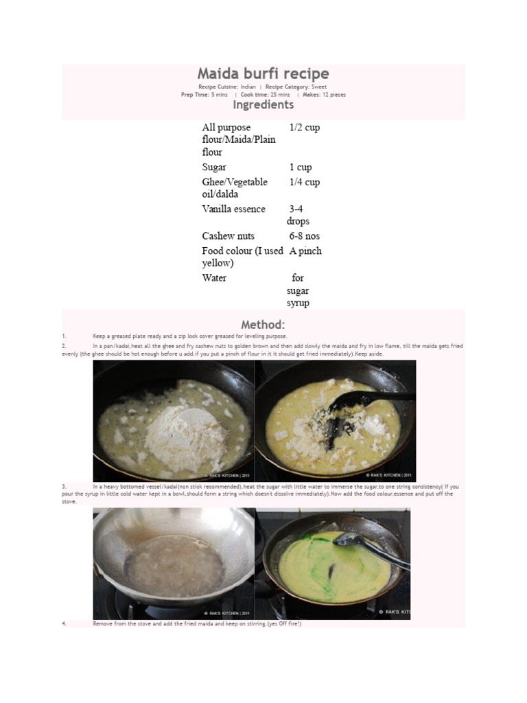 Maida Burfi Recipe Guide | PDF | Food And Drink Preparation | Cuisine