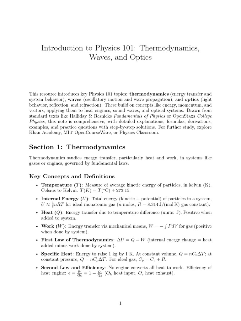 Introduction To Physics 101 Thermodynamics | PDF | Waves | Heat