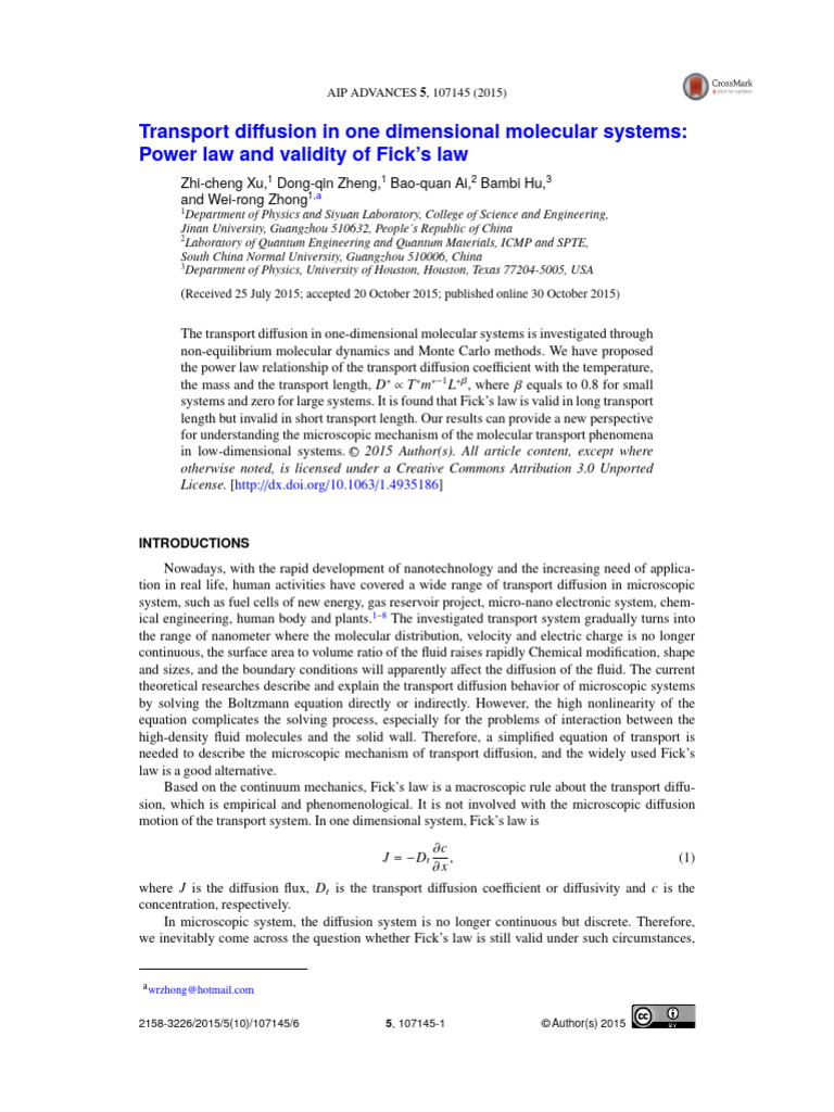 One-Dimensional Molecular Transport Analysis | PDF | Diffusion | Carbon ...