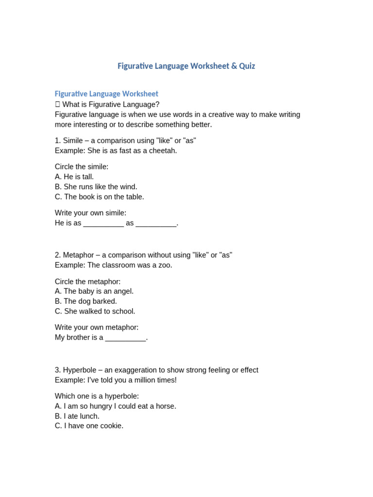 Figurative Language Worksheet and Quiz | PDF | Idiom | Metaphor