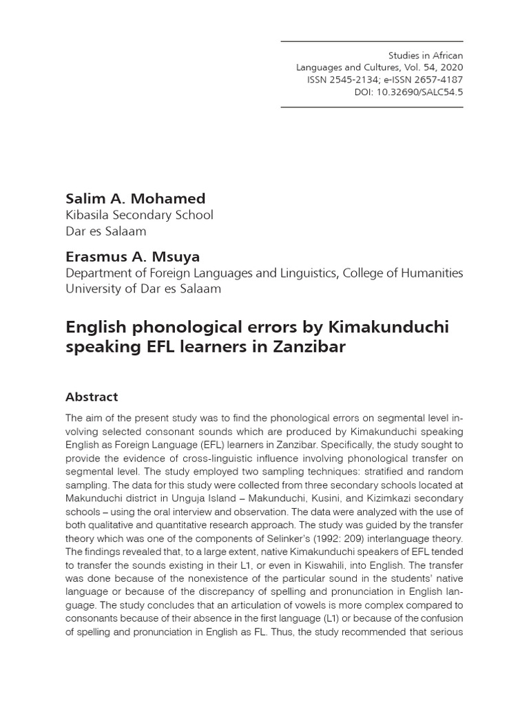 Phonological Errors in Zanzibar EFL Learners | PDF | Second Language ...