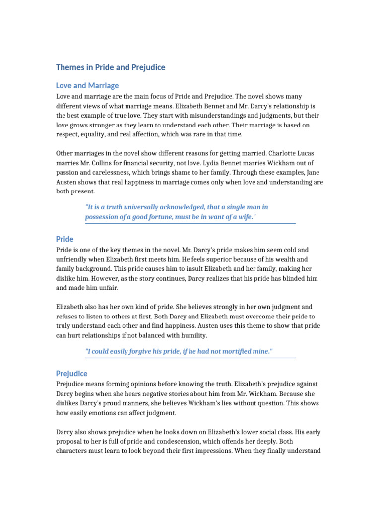 Key Themes in Pride and Prejudice | PDF | Mr. Darcy | Pride And Prejudice
