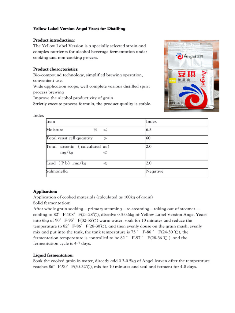 Yellow Label Angel Yeast for Distilling | PDF | Brewing | Yeast