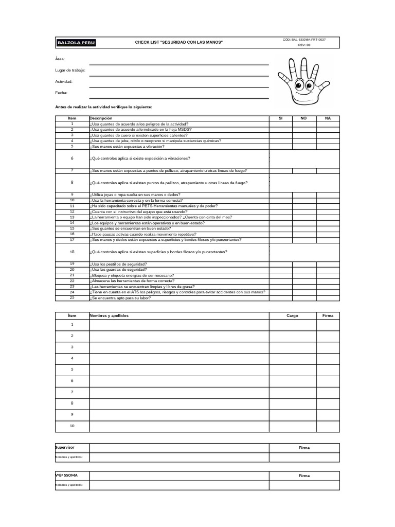 Check List Seguridad Con Sus Manos R1 | PDF | Guante