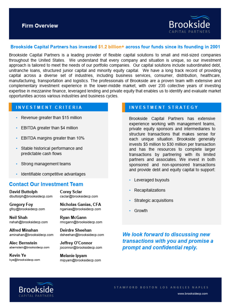 Brookside Capital Partners Tear Sheet | PDF | Private Equity | Economies