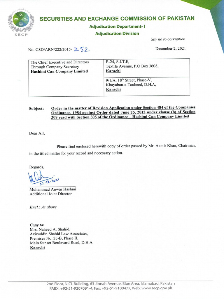 Order 484 Hashmi Can Company Ltd. 2.12.21 | PDF