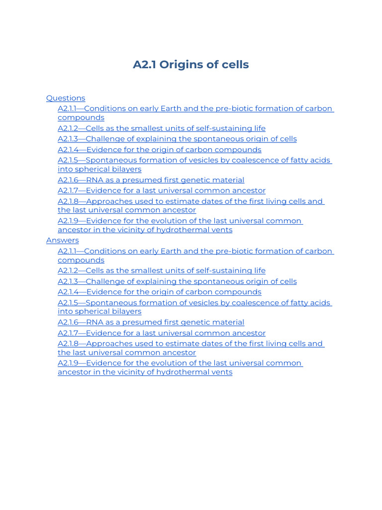 A2.1 Origins of Cells (HL) Questions and Answers | PDF | Abiogenesis ...