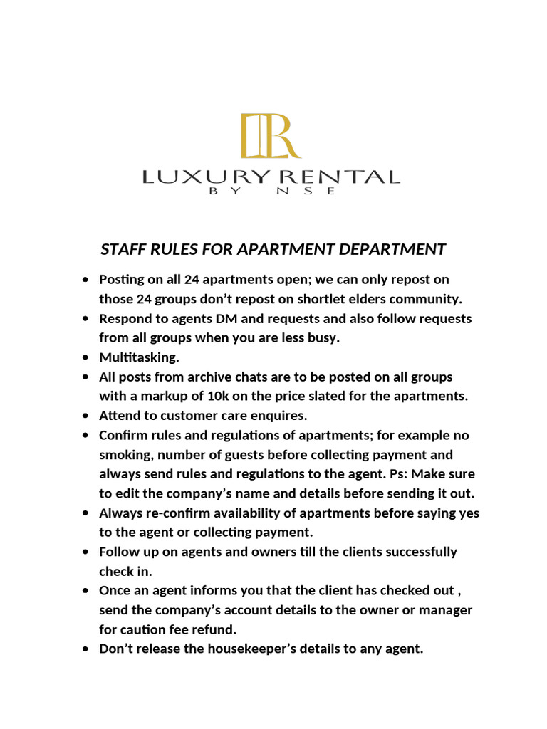 Staff Rules For Apartment Department-14 | PDF