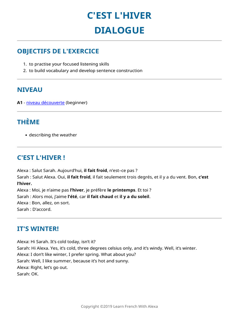 Dialogue sur l'hiver en français A1 | PDF