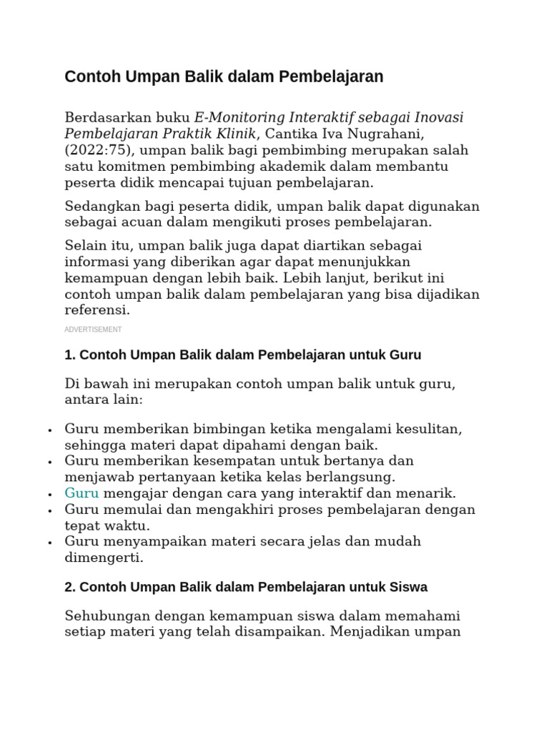 Contoh Umpan Balik Pembelajaran | PDF